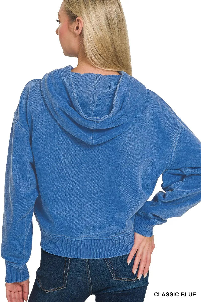 Zenana Fleece Pigment Dye Half Zip Kangaroo Pocket Hoodie ...